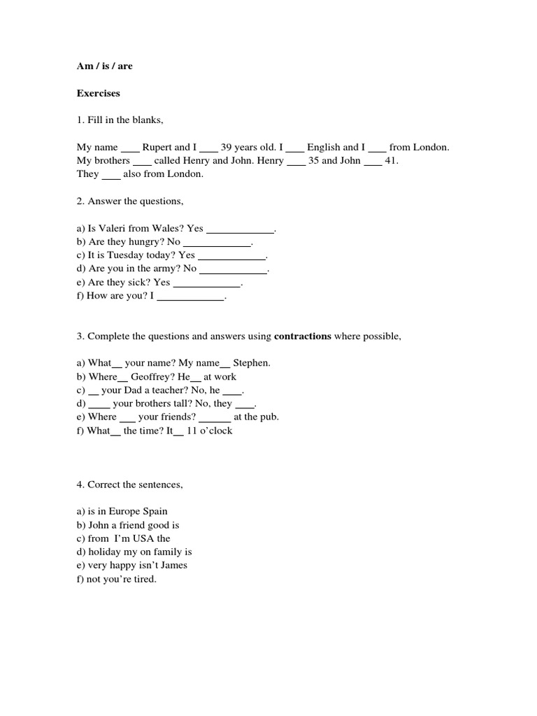 Am Is Are Exercises and Answers | PDF | Language Arts & Discipline