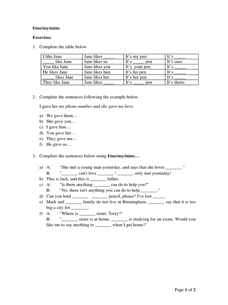 I, Me, My, Mine Exercises | PDF