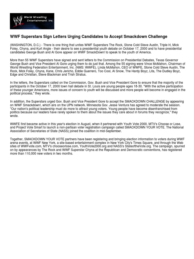 WWF Superstars Sign Letters Urging Candidates To Accept Smackdown ...