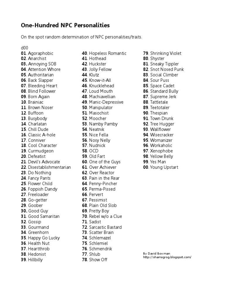 One-Hundred NPC Personalities: On The Spot Random Determination of NPC ...