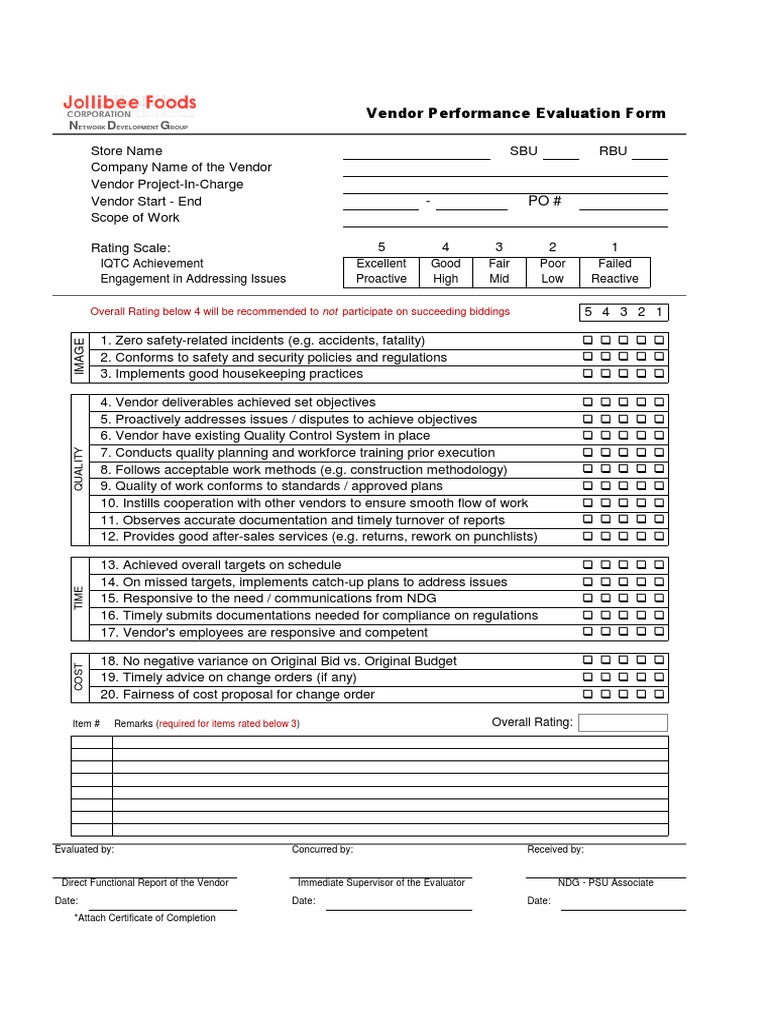 Vendor Performance Evaluation Form | PDF