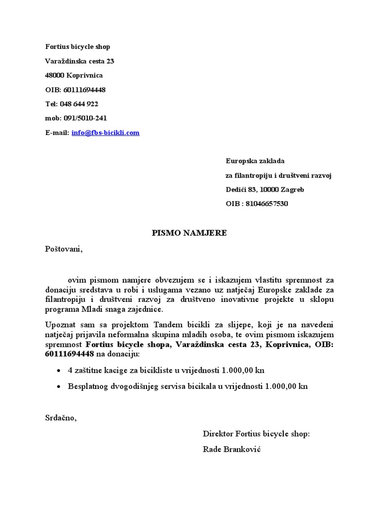 Pismo Namjere Tandem Bicikli Donacija U Robi I Uslugama | PDF