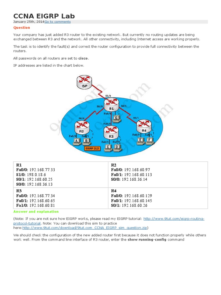 Ccna Eigrp Lab | PDF | Router (Computing) | Ip Address