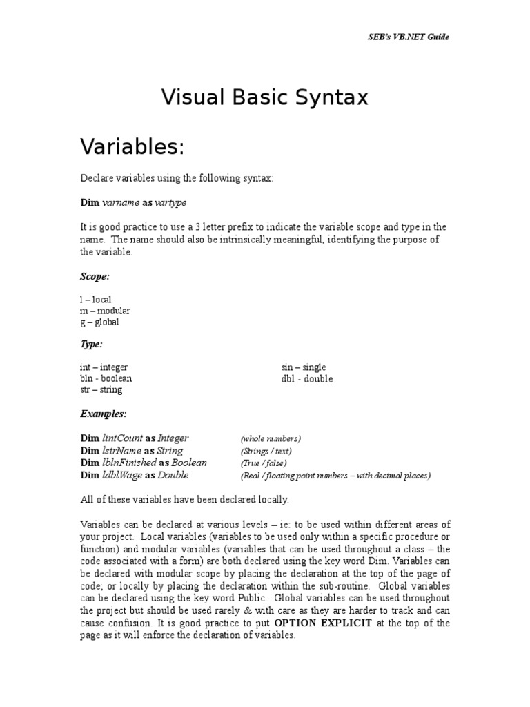 VB.NET Variable Declaration Guide | PDF