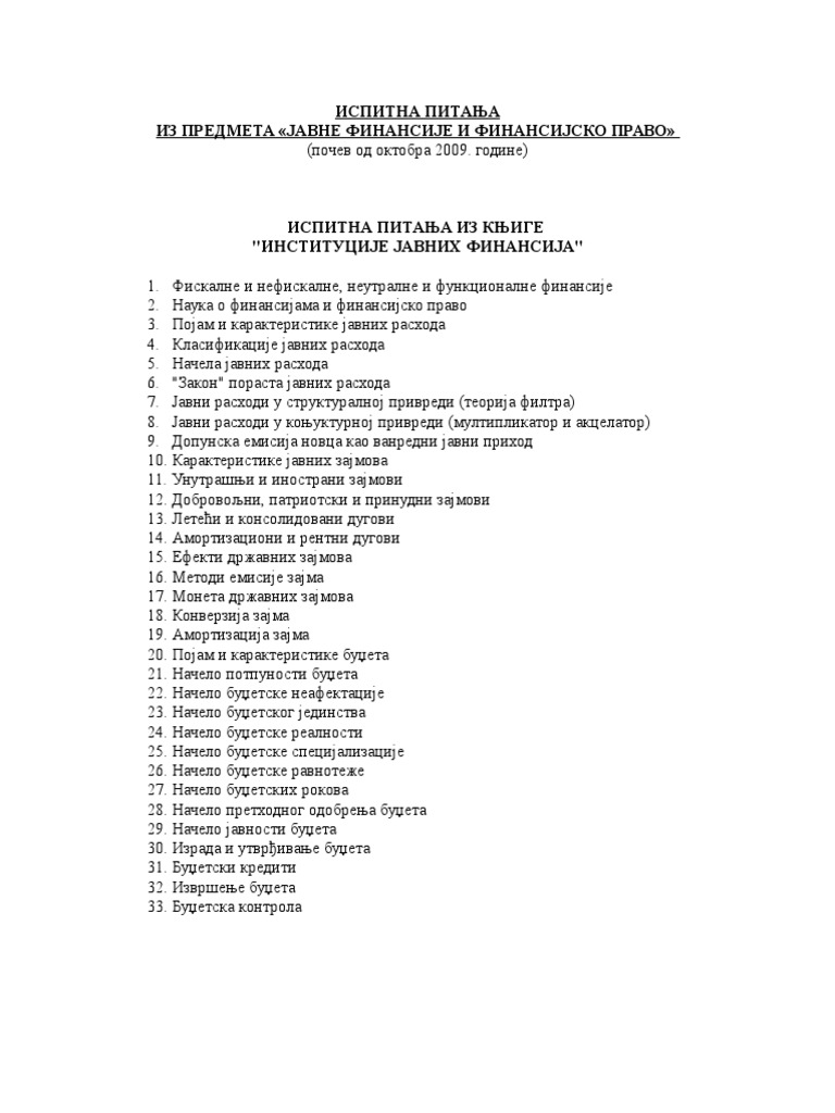 Ispitna Pitanja Iz Nastavnog Predmeta Javne Finansije I Finansijsko Pravo | PDF