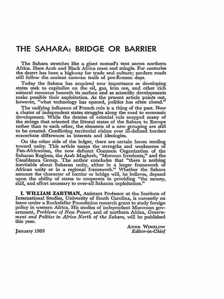 William Zartman - The Sahara: Bridge or Barrier | PDF | Sahara | Africa