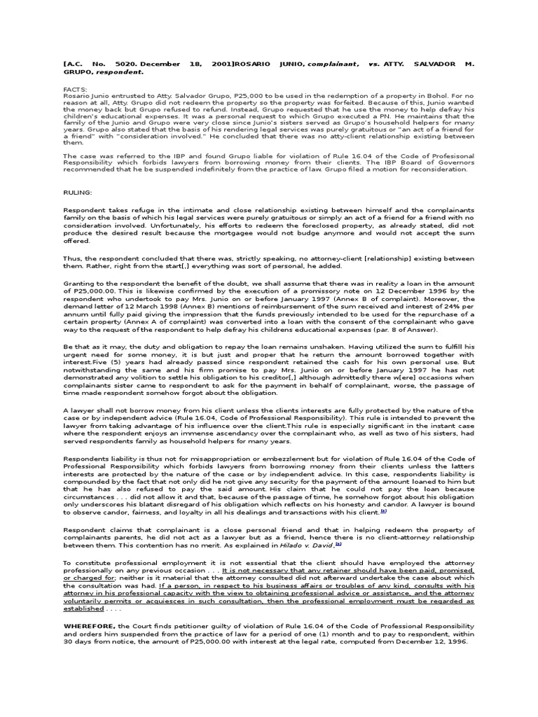 A Lawyer's Obligation to Repay a Loan from a Client Despite Claims of a ...