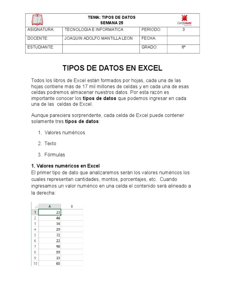 Tipos de Datos en Excel 8° | PDF | Fórmula | Microsoft Excel