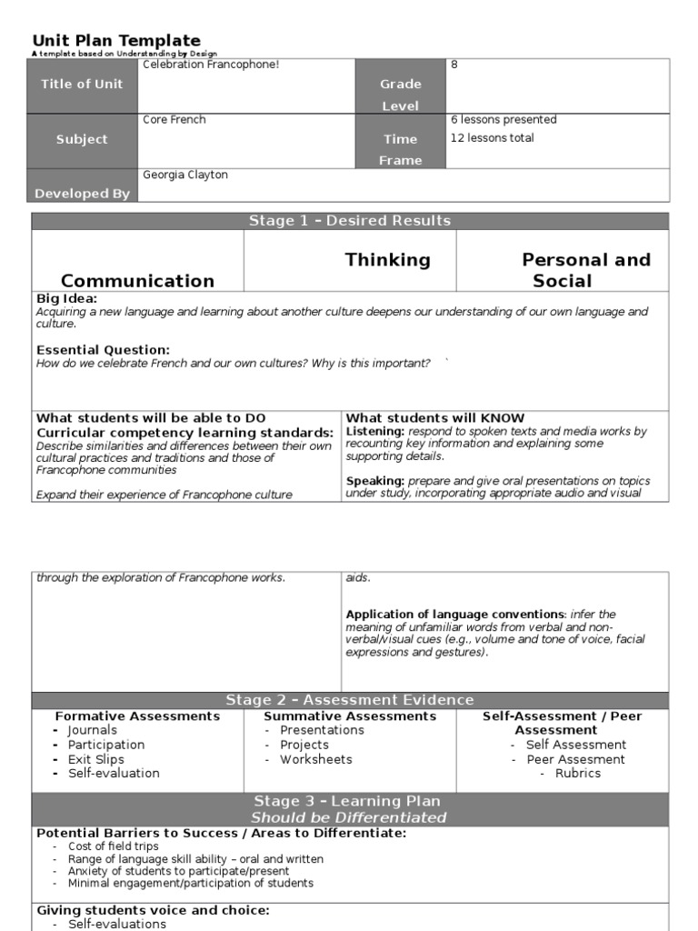 Georgias French Unit Plan | PDF | Educational Assessment | Nonverbal ...