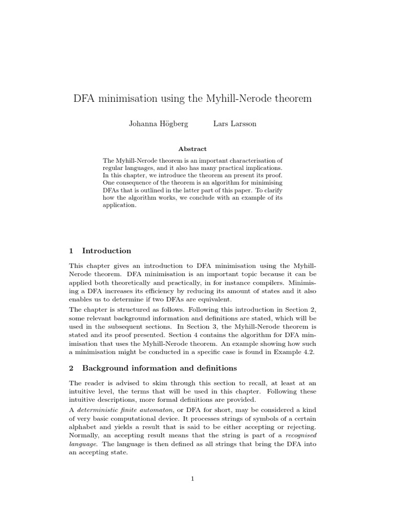 DFA Minimisation Using The Myhill-Nerode Theorem | PDF | Logic | Theoretical Computer Science
