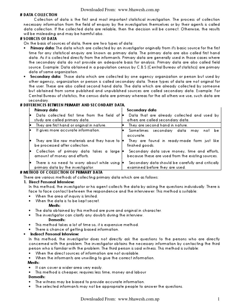 Economics Class 11 Unit 15 Collection of DATA | PDF