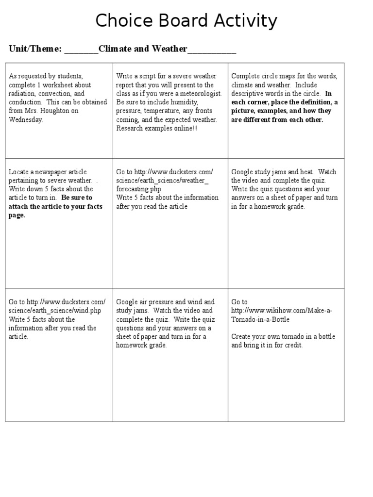 Climate and Weather Choice Board Activities | PDF