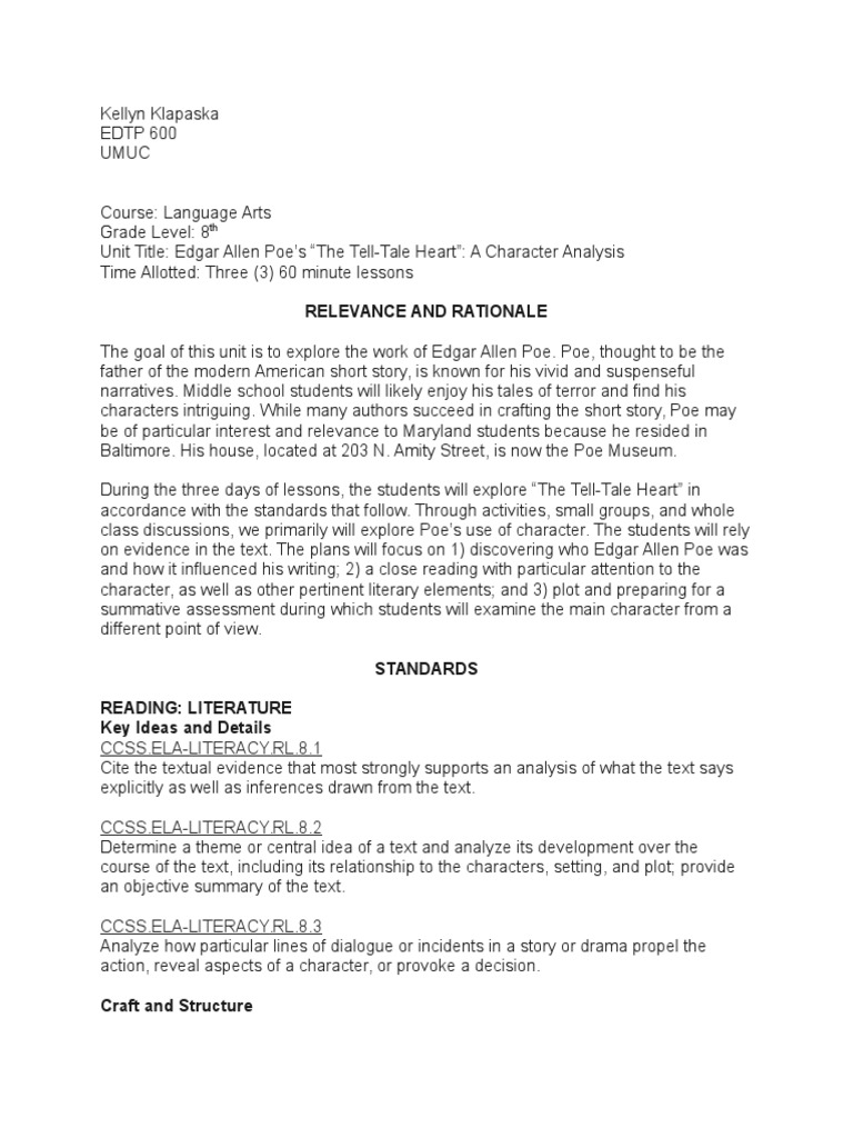Character Analysis of Poe's "The Tell-Tale Heart" | PDF | Narrative ...