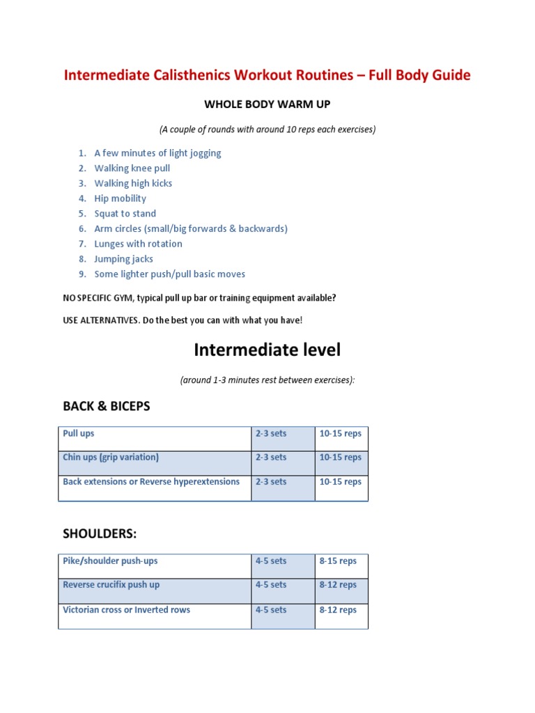 Intermediate Calisthenics Workout Routines | PDF | Limbs (Anatomy ...