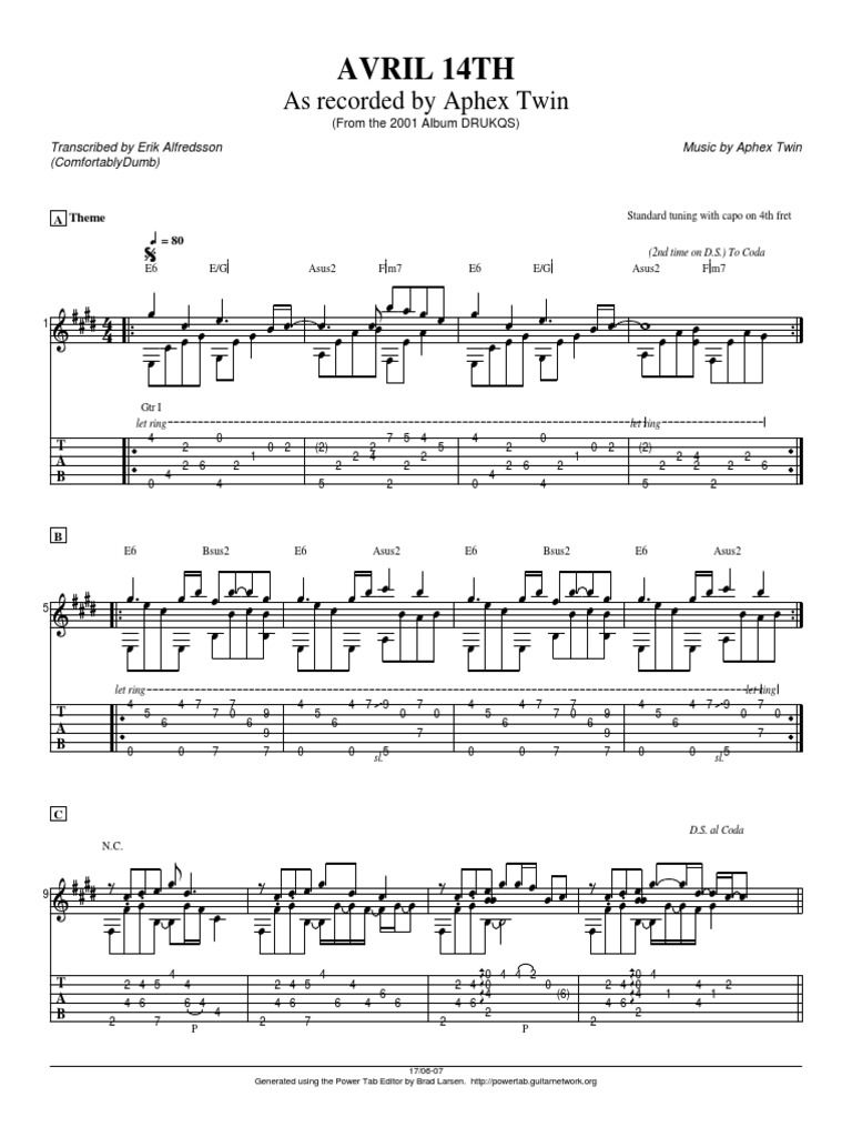 Aphex Twin Avril 14th Guitar Tab PDF | PDF