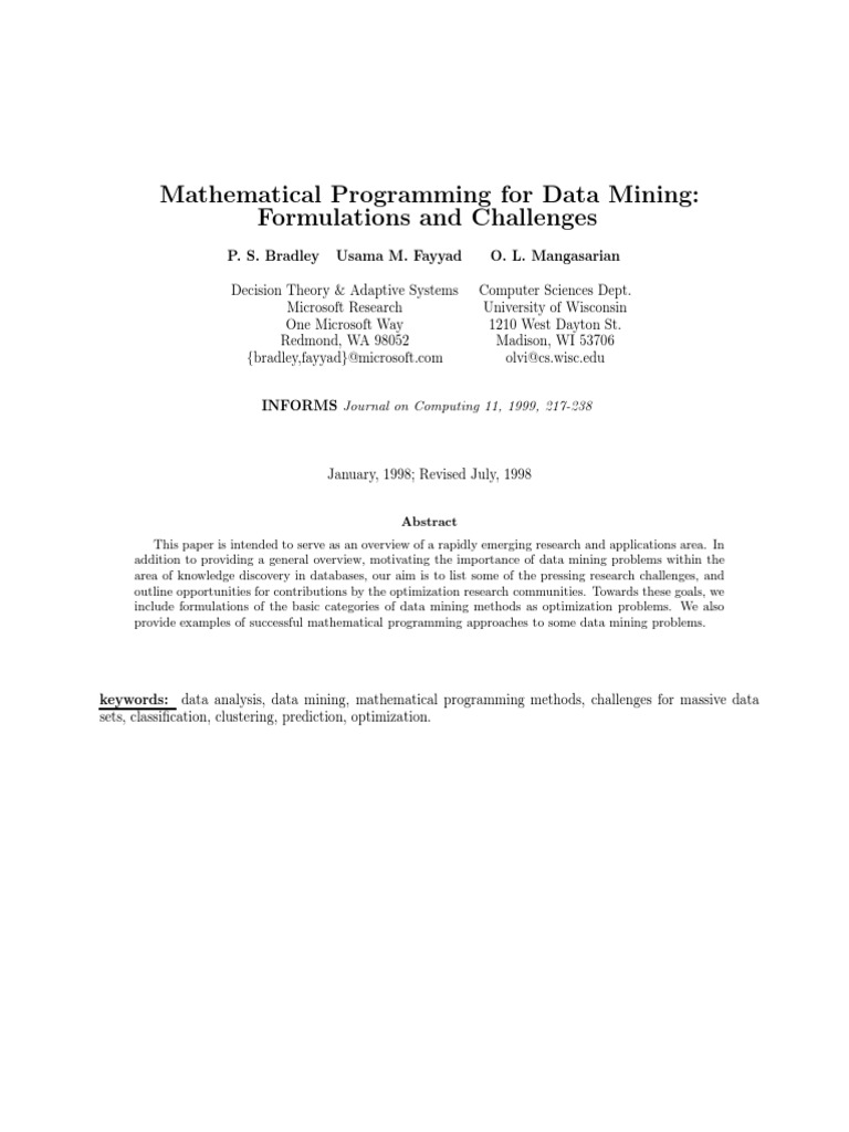 Mathematical Programming For Data Mining: Formulations and Challenges | PDF | Data Mining ...