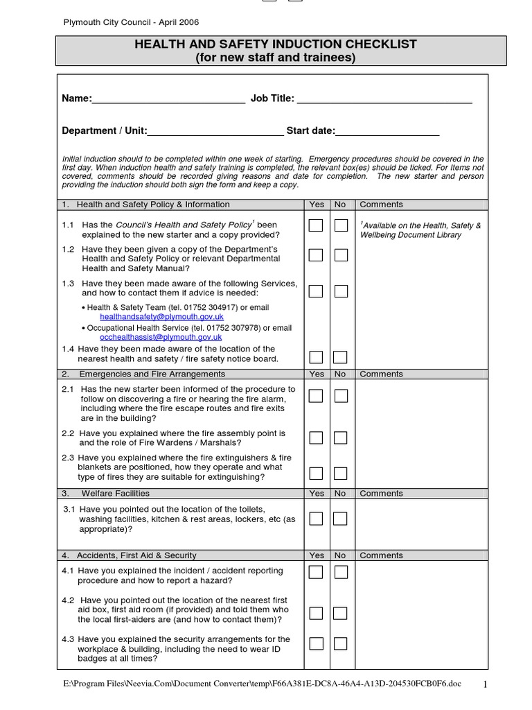 Hs Induction Checklist | PDF | Personal Protective Equipment ...