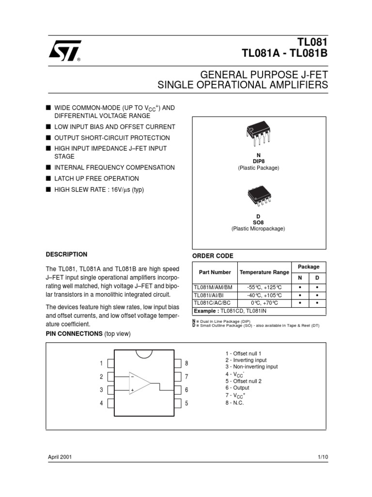 TL081 ST Microelectronics | PDF | Amplifier | Operational Amplifier