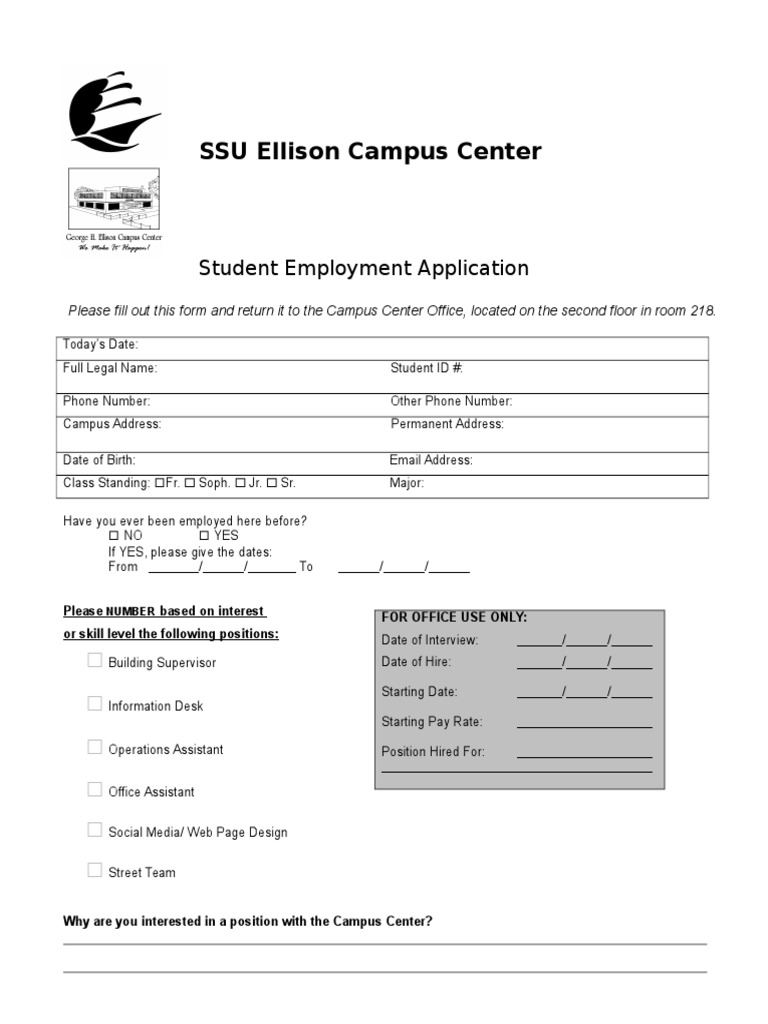 SSU Ellison Campus Center: Student Employment Application | PDF
