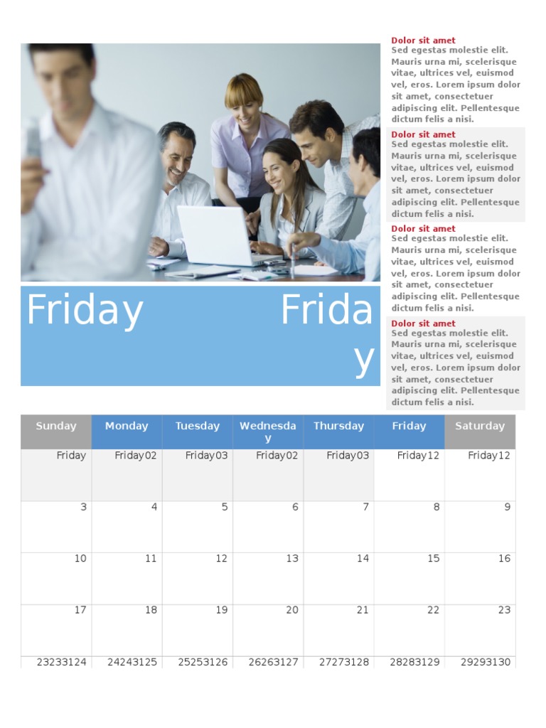 Friday Frida Y: Sunday Monday Tuesday Wednesda y Thursday Friday ...