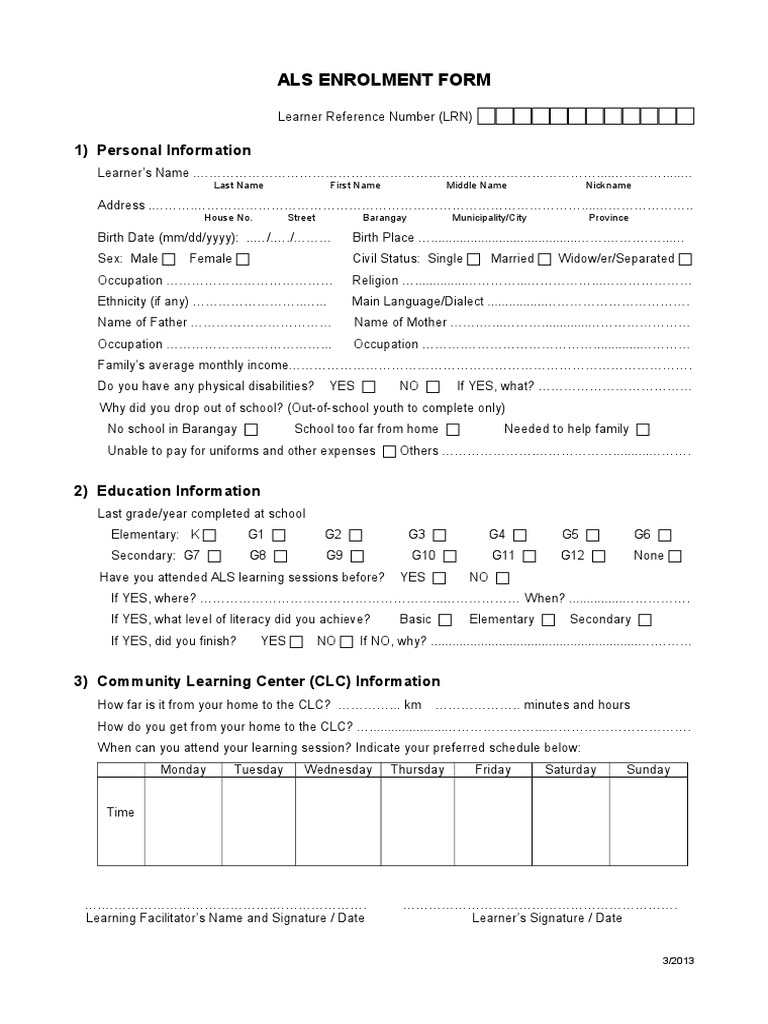 Als Enrolment Form: 1) Personal Information | PDF
