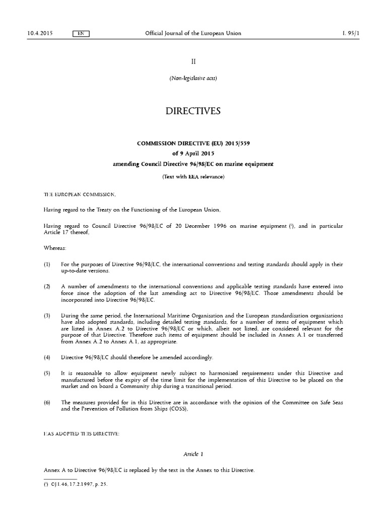 EU 2015-559 Amending Council-Directive 96-98-EC PDF | PDF | Directive ...