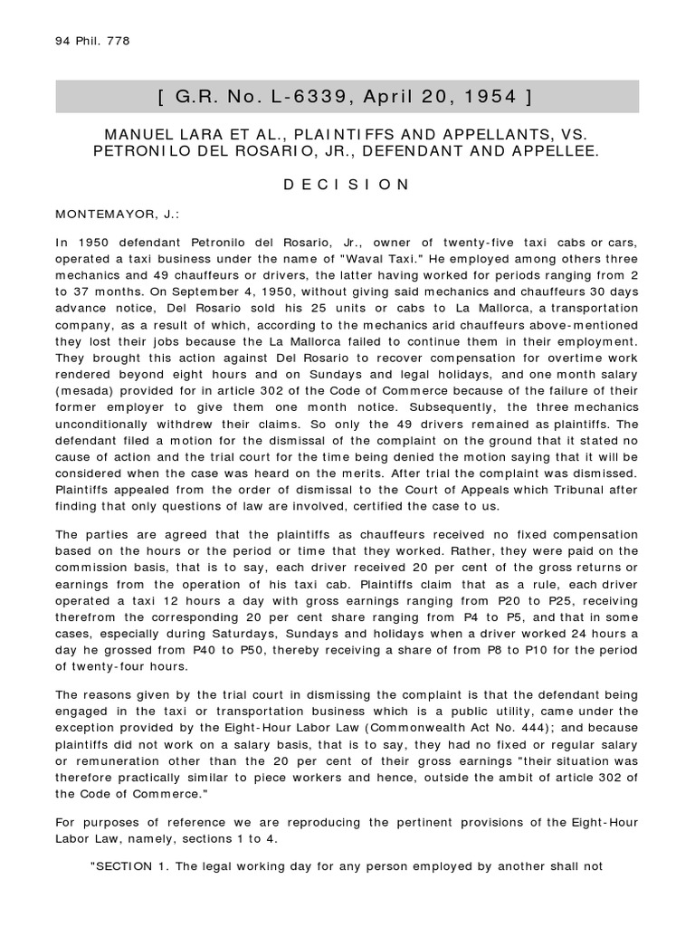 Taxi Drivers' Overtime Compensation Case | PDF | Overtime | Piece Work
