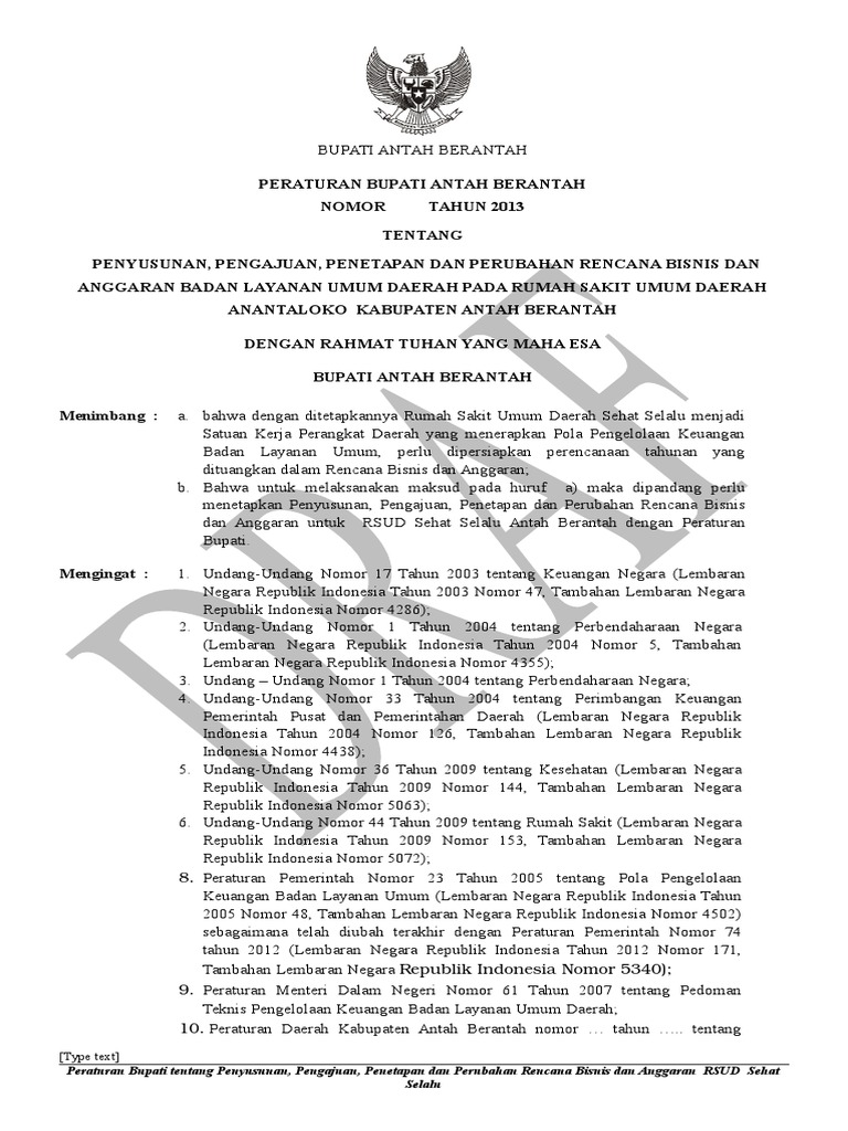 Contoh Perbup Pedoman Penyusunan, Pengajuan, Penetapan Dan Perubahan RBA | PDF