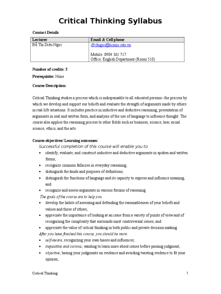 Critical Thinking Syllabus | PDF | Argument | Inductive Reasoning