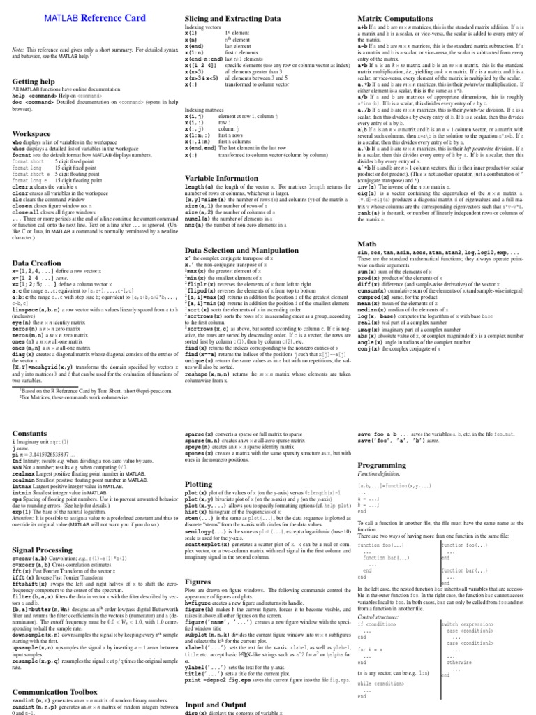 Reference Card: Matlab | PDF | Matrix (Mathematics) | Eigenvalues And ...