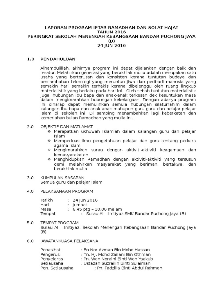 Laporan Program Iftar Ramadhan Dan Solat Hajat | PDF