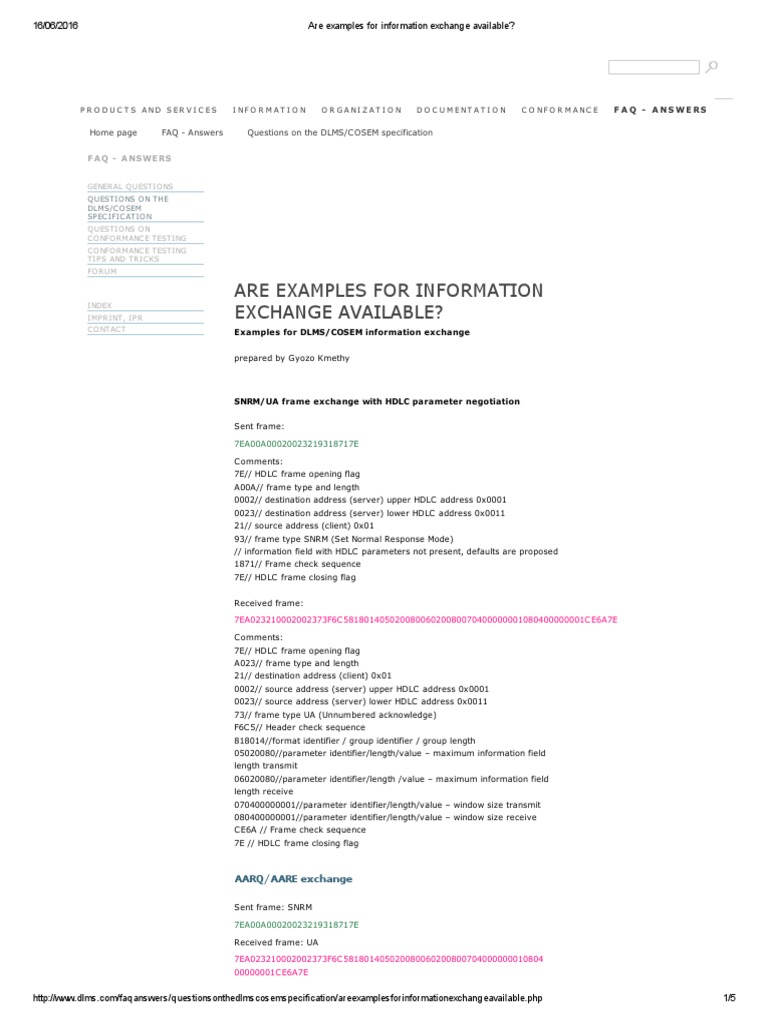 DLMS/COSEM Info Exchange Examples | PDF | Telecommunications | Computer ...