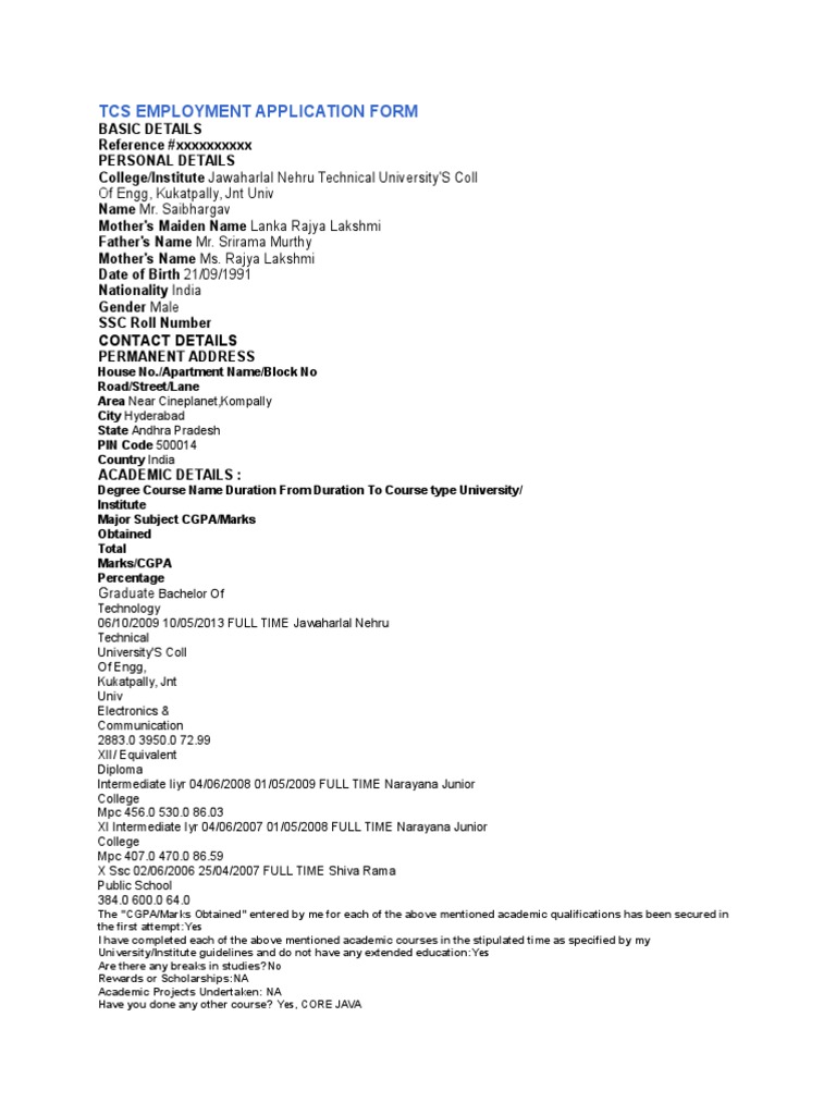 Tcs Employment Application Form: of Engg, Kukatpally, JNT Univ | PDF ...