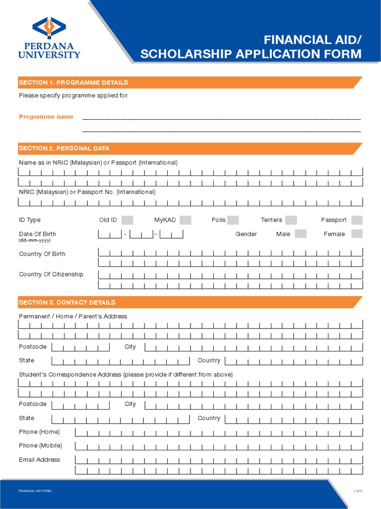 Financial Aid/ Scholarship Application Form: Section 1. Programme ...