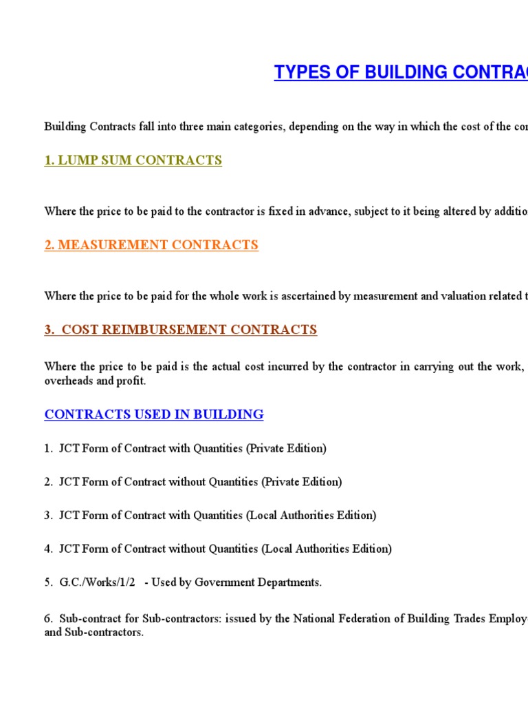 Types of Building Contract: 1. Lump Sum Contracts | PDF | General ...