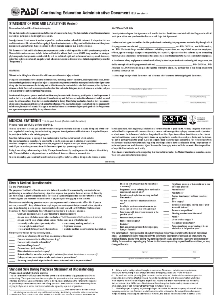 Statement of Risk and Liability | PDF | Scuba Diving | Water Sports