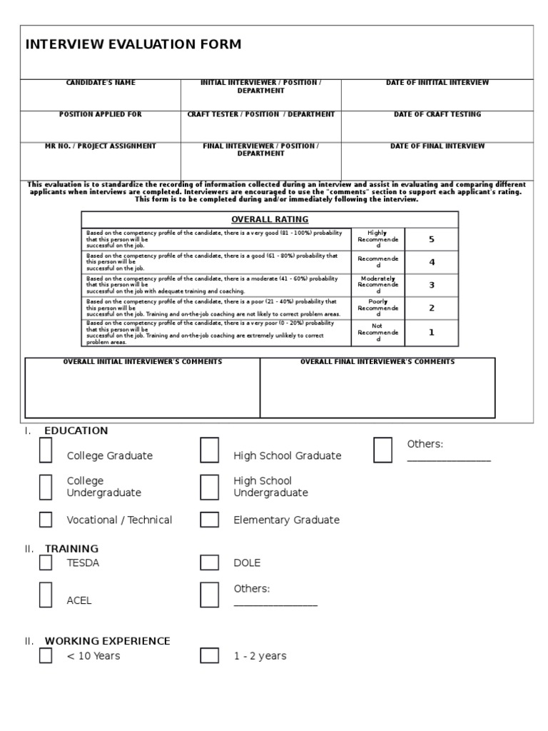 Interview Evaluation Form: Education | PDF