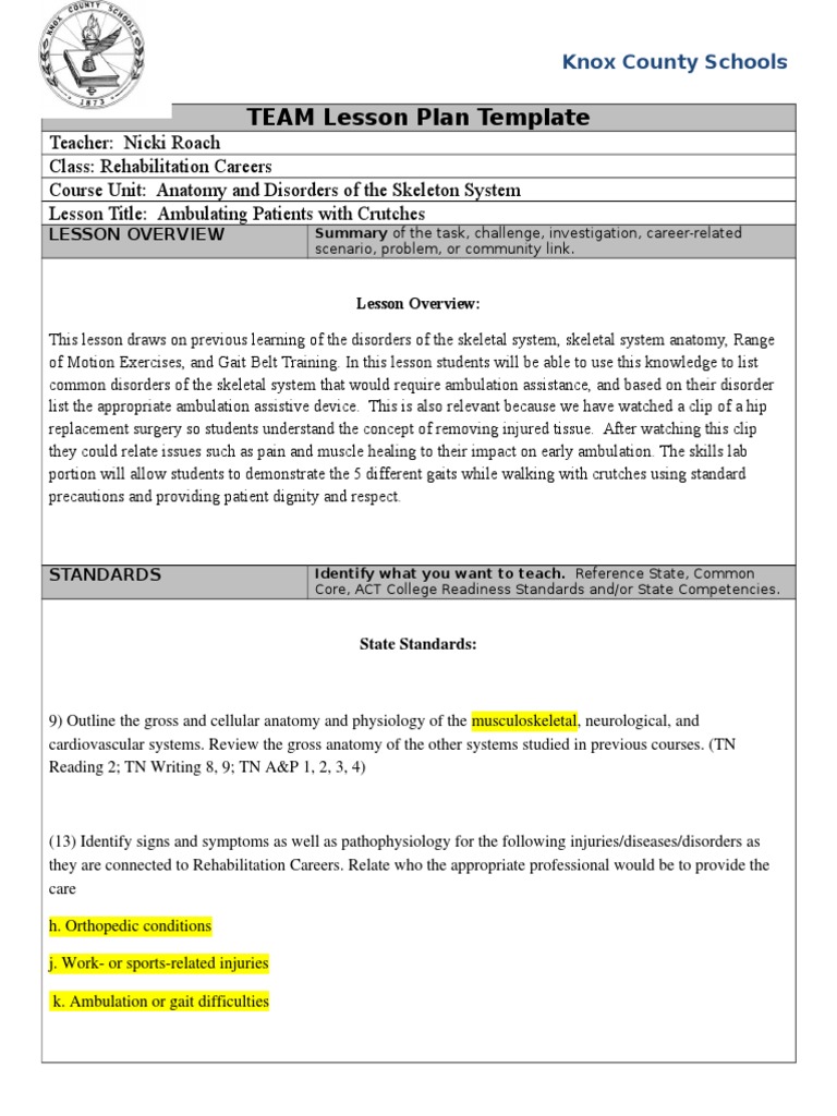 Team Lesson Plan Final | PDF | Educational Assessment | Physical Therapy