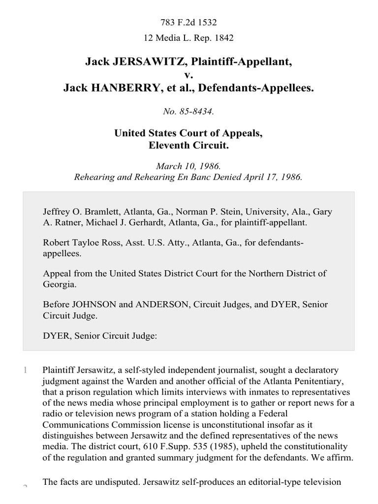 Jack Jersawitz v. Jack Hanberry, 783 F.2d 1532, 11th Cir. (1986) | PDF ...