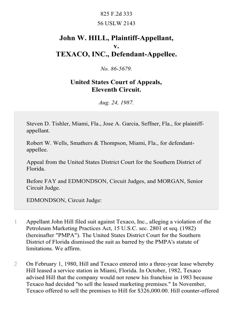 John W. Hill v. Texaco, Inc., 825 F.2d 333, 11th Cir. (1987) | PDF ...