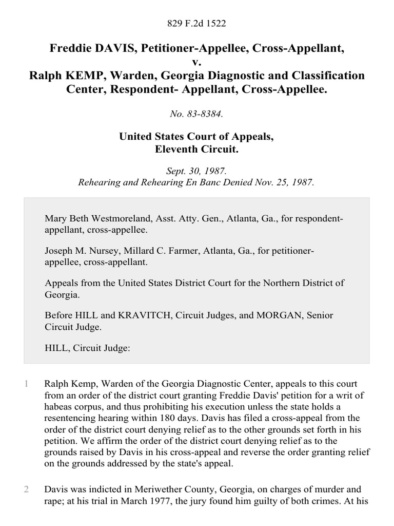 Freddie Davis, Cross-Appellant v. Ralph Kemp, Warden, Georgia ...