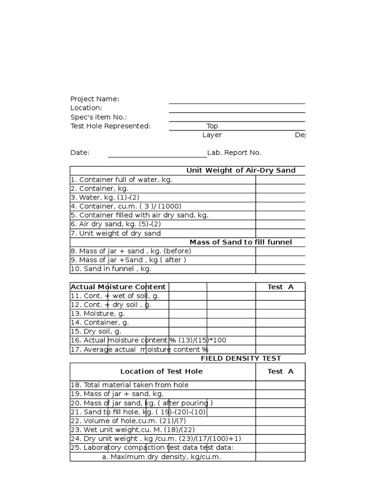 Field Density Test Worksheet | PDF