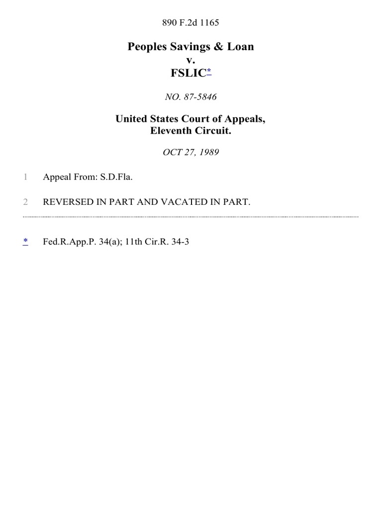 Peoples Savings & Loan v. Fslic, 890 F.2d 1165, 11th Cir. (1989) | PDF