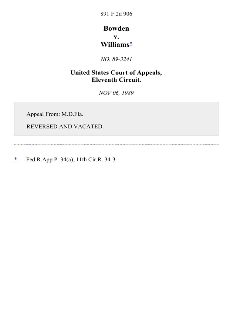 Bowden v. Williams, 891 F.2d 906, 11th Cir. (1989) | PDF | Sports ...