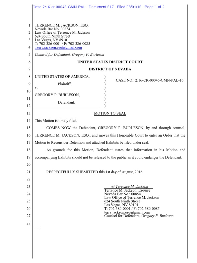 08-01-2016 ECF 617 USA V GREGORY BURLESON - First Motion To Seal | PDF