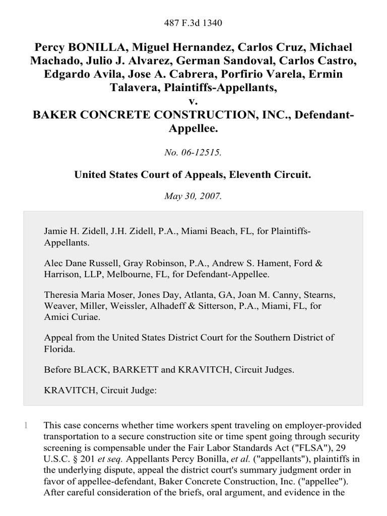 Percy Bonilla v. Baker Concrete, 487 F.3d 1340, 11th Cir. (2007) | PDF ...