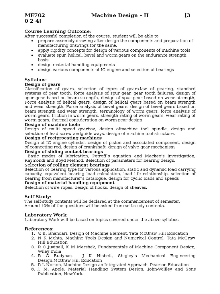 ME702 Machine Design II Syllabus | PDF | Machine (Mechanical) | Gear