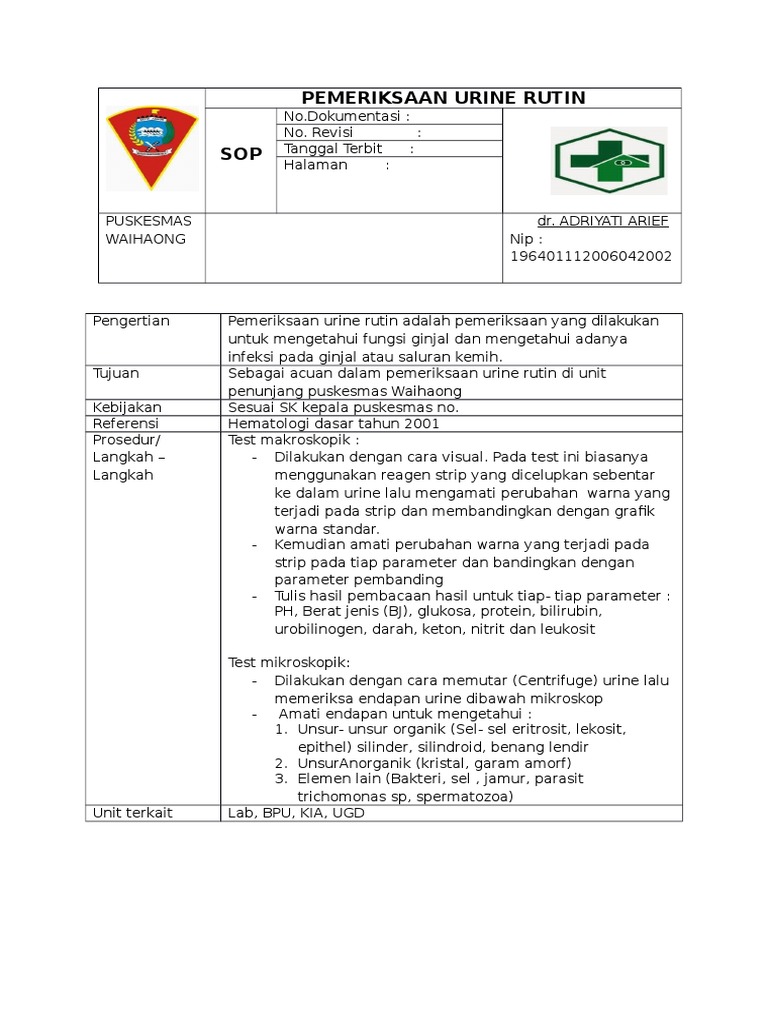 Sop Pemeriksaan Urine Rutin | PDF