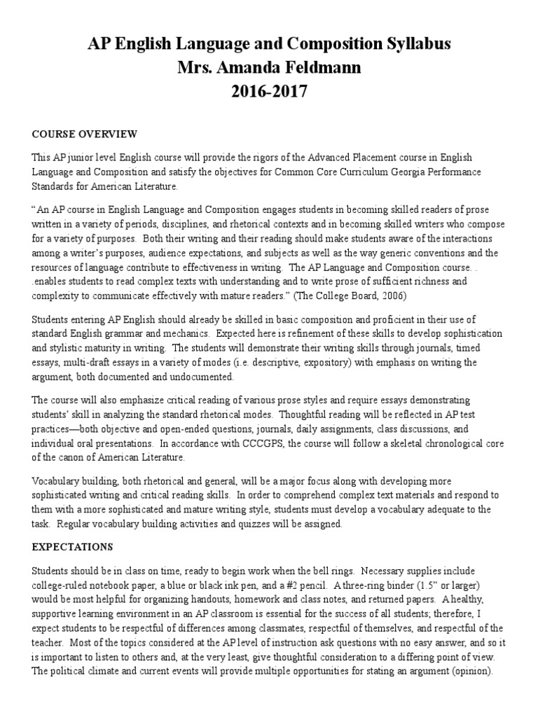 Ap English Language and Composition Syllabus | PDF | Advanced Placement ...
