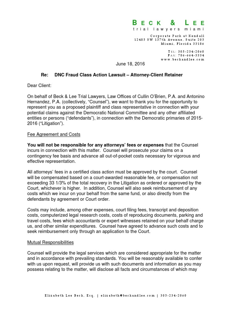 Re: DNC Fraud Class Action Lawsuit - Attorney-Client Retainer | PDF